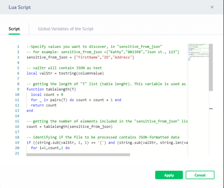 Using Lua script for discovering sensitive data in JSON files