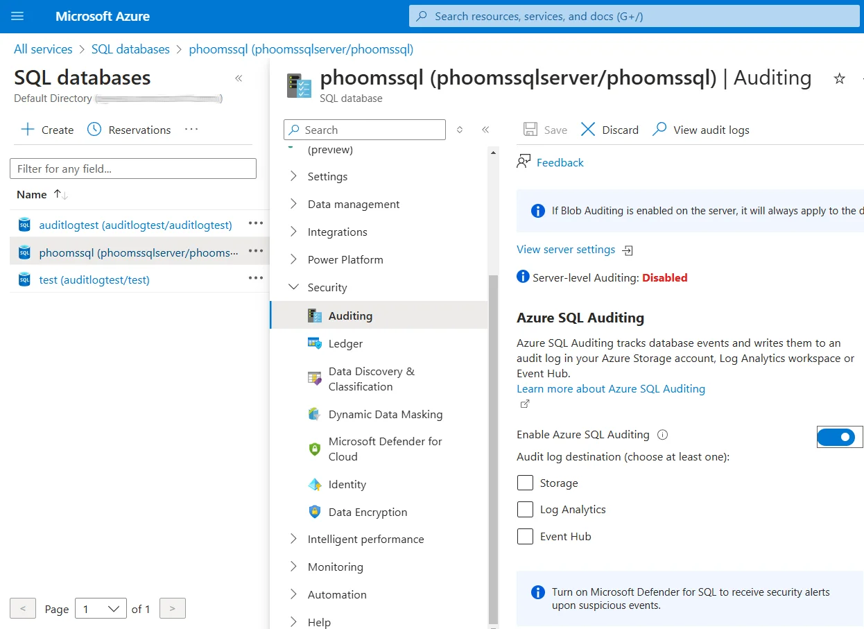 Database Audit for Azure Cloud Storage: Increasing Protection